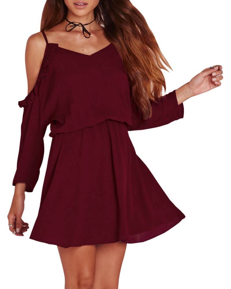 Cheesecloth Cold Shoulder Skater Dress Red
