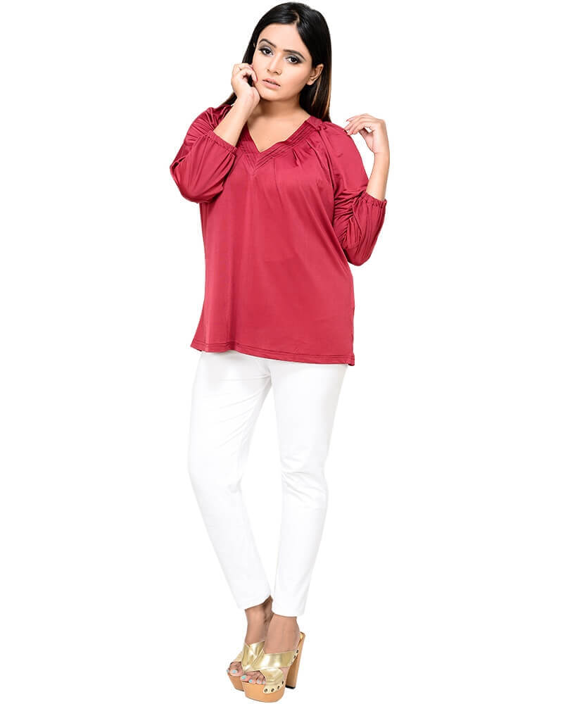 Avail Gorgeous Maroon Pleated Raglan Sleeve Top Online