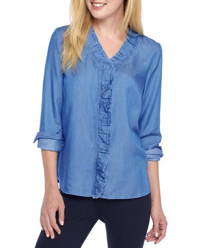 V Neck Ruffle Casual Denim Shirt for Women