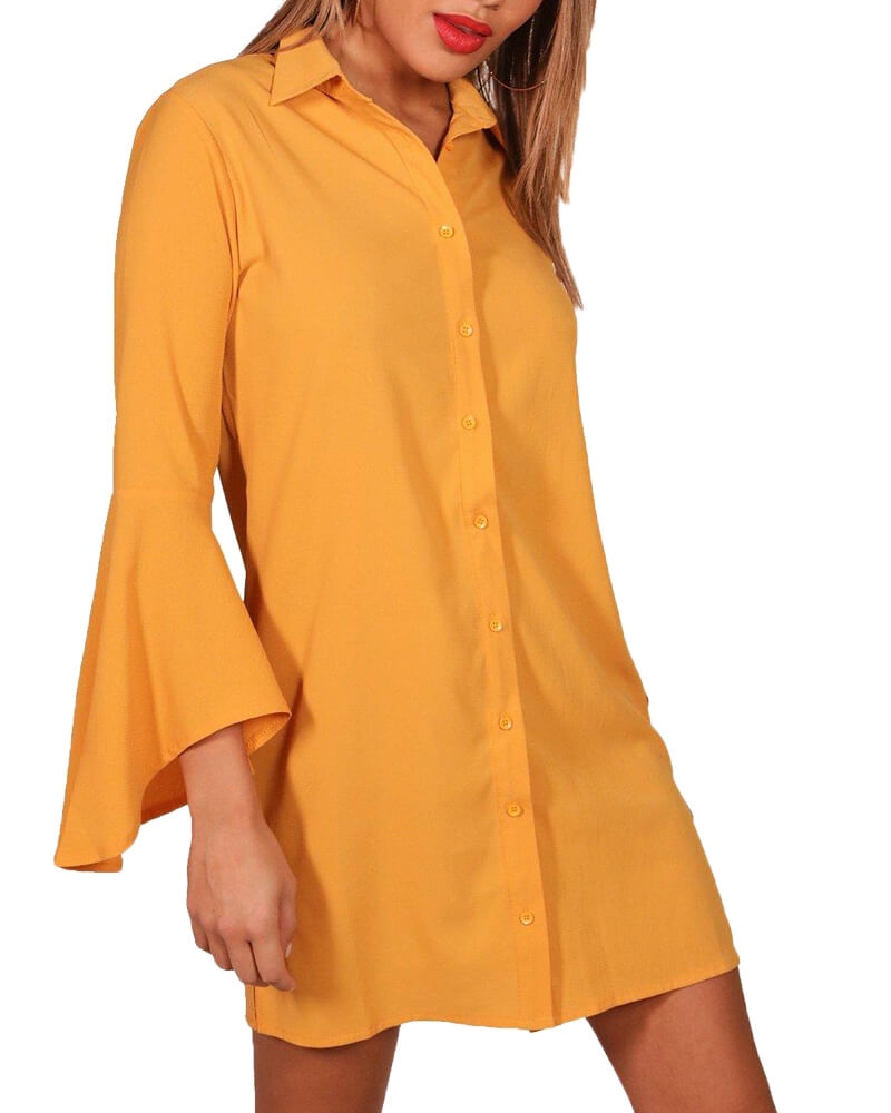 Bell-Sleeved Amber Shirt Dress for Women